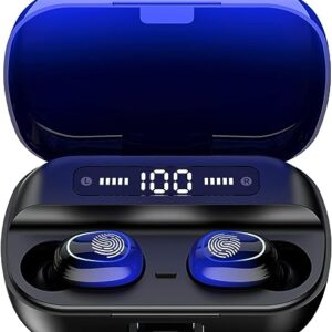 Kinganda Bluetooth Headphones True Wireless Earbuds Touch Control with LED Charging Case, IPX7 Waterproof, HiFi Stereo in Ear Earphones, Deep Bass Sports Ear Buds with Built-in Mic Blue