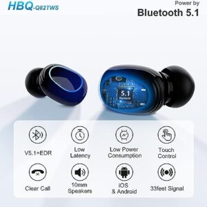 Kinganda Bluetooth Headphones True Wireless Earbuds Touch Control with LED Charging Case, IPX7 Waterproof, HiFi Stereo in Ear Earphones, Deep Bass Sports Ear Buds with Built-in Mic Blue