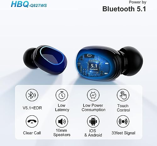 Kinganda Bluetooth Headphones True Wireless Earbuds Touch Control with LED Charging Case, IPX7 Waterproof, HiFi Stereo in Ear Earphones, Deep Bass Sports Ear Buds with Built-in Mic Blue