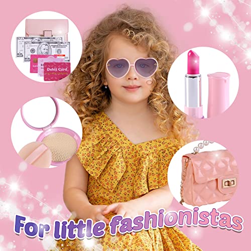 Princeplay Purse Makeup Toys For Girls - Toddlers Kids Bag Cute Baby Little Pink Cell Phone Cosmetic Lipsticks Princess Play Money Jewelry Credit Card Accessories Birthday Gifts 3 4 5 6 7 8+ Years Old