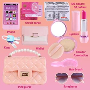 Princeplay Purse Makeup Toys For Girls - Toddlers Kids Bag Cute Baby Little Pink Cell Phone Cosmetic Lipsticks Princess Play Money Jewelry Credit Card Accessories Birthday Gifts 3 4 5 6 7 8+ Years Old