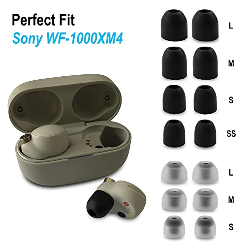 Geiomoo Silicone Earbuds Ear Tips Compatible with Sony WF-1000XM4, Slim Soft Eartips Earpads (L/M/S/SS, Black/Transparent)