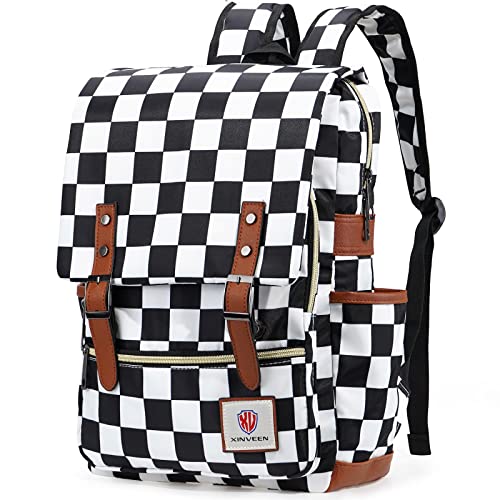 Xinveen Vintage Backpack School Bag College Daypack Slim Travel Rucksack Black and White Grid