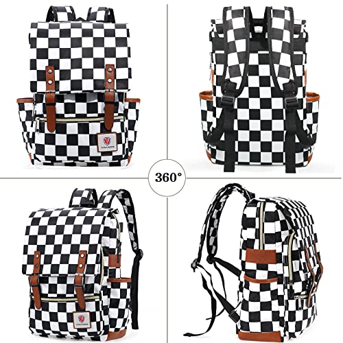 Xinveen Vintage Backpack School Bag College Daypack Slim Travel Rucksack Black and White Grid