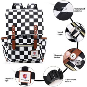 Xinveen Vintage Backpack School Bag College Daypack Slim Travel Rucksack Black and White Grid