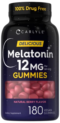 Carlyle Melatonin Gummies 12mg | 180 Count | Drug Free | Natural Berry Flavor | Vegan, Non-GMO, Gluten Free