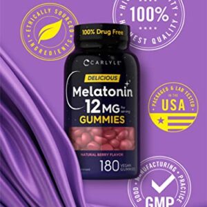 Carlyle Melatonin Gummies 12mg | 180 Count | Drug Free | Natural Berry Flavor | Vegan, Non-GMO, Gluten Free