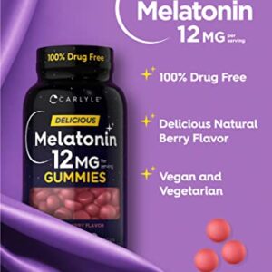 Carlyle Melatonin Gummies 12mg | 180 Count | Drug Free | Natural Berry Flavor | Vegan, Non-GMO, Gluten Free