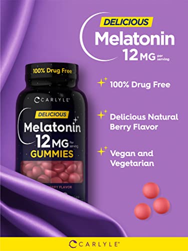 Carlyle Melatonin Gummies 12mg | 180 Count | Drug Free | Natural Berry Flavor | Vegan, Non-GMO, Gluten Free