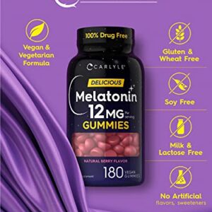 Carlyle Melatonin Gummies 12mg | 180 Count | Drug Free | Natural Berry Flavor | Vegan, Non-GMO, Gluten Free