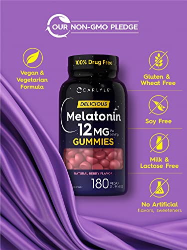 Carlyle Melatonin Gummies 12mg | 180 Count | Drug Free | Natural Berry Flavor | Vegan, Non-GMO, Gluten Free