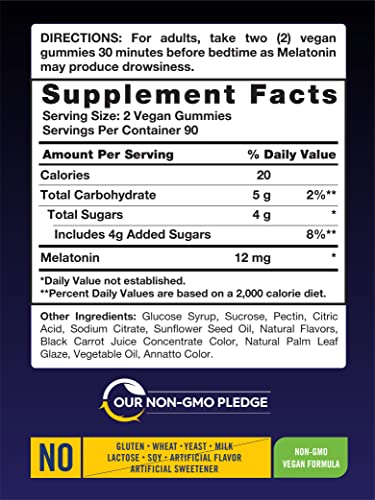 Carlyle Melatonin Gummies 12mg | 180 Count | Drug Free | Natural Berry Flavor | Vegan, Non-GMO, Gluten Free