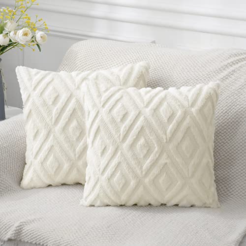 Pallene Soft Faux Fur Throw Pillow Covers 18x18 - Plush Short Wool Velvet Decorative Pillow Covers - Couch Sofa Pillow Covers for Living Room - with 3D Diamond Pattern - Set of 2 - Cream White