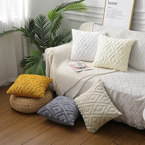 Pallene Soft Faux Fur Throw Pillow Covers 18x18 - Plush Short Wool Velvet Decorative Pillow Covers - Couch Sofa Pillow Covers for Living Room - with 3D Diamond Pattern - Set of 2 - Cream White