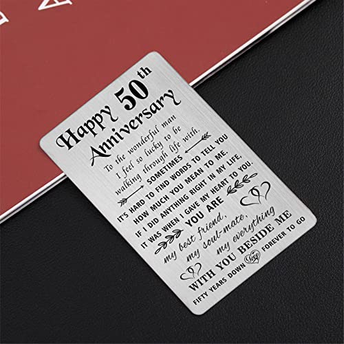 TANWIH 50th Anniversary Card for Husband - 50 Years Down Forever to Go - 50 Year Wedding Anniversary Card Gifts for Him Men, Engraved Metal Wallet Card