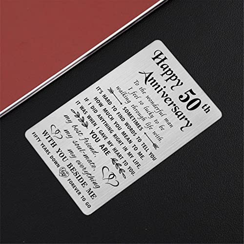 TANWIH 50th Anniversary Card for Husband - 50 Years Down Forever to Go - 50 Year Wedding Anniversary Card Gifts for Him Men, Engraved Metal Wallet Card