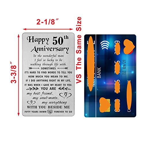 TANWIH 50th Anniversary Card for Husband - 50 Years Down Forever to Go - 50 Year Wedding Anniversary Card Gifts for Him Men, Engraved Metal Wallet Card