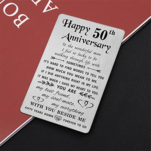 TANWIH 50th Anniversary Card for Husband - 50 Years Down Forever to Go - 50 Year Wedding Anniversary Card Gifts for Him Men, Engraved Metal Wallet Card