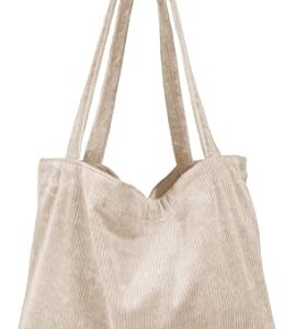 Women’s Corduroy Tote Bag, Casual Handbags Big Capacity Shoulder Shopping Bag with 2 Pockets (White)