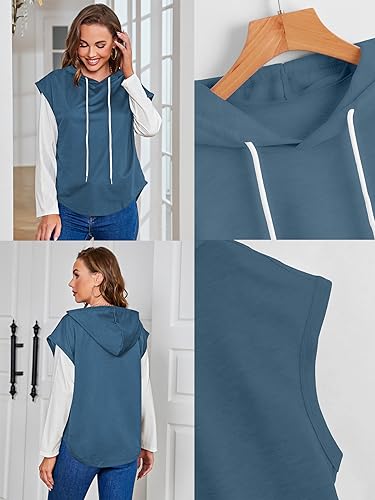 Milumia Women High Low Hem Cap Sleeve Athletic Drawstring Hoodie Tunic Top Shirts Dusty Blue X-Large