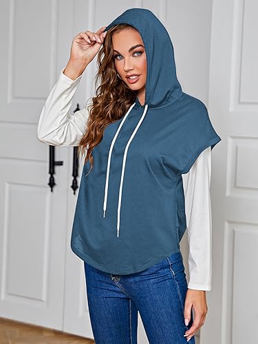 Milumia Women High Low Hem Cap Sleeve Athletic Drawstring Hoodie Tunic Top Shirts Dusty Blue X-Large