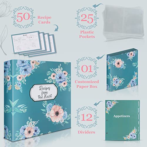 AR Kitchen Recipe Binder – Premium Recipe Organizer for 4 x 6-inch Cards – Anti-Tear Recipe Card Book Holder with 50 Cards - 25pcs Plastic Pockets Included – Elegant Floral Cover