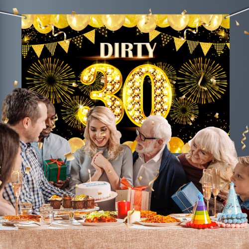 Ushinemi Dirty 30 Birthday Decorations, 30th Birthday Banner Backdrop for Men Women, Thirty Birthday Party Decor, 6x3.6ft