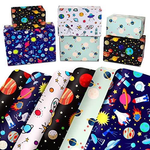 Outer Space Wrapping Paper Birthday Wrapping Paper for Boys Girls Kids Childrens Men Women - Gift Wrapping Paper Set with Blue White Navy Bulk Packaging Paper Assortment for Birthday Party Holiday Decoration DIY Crafts Supplies - Galaxy Spaceship Galactic