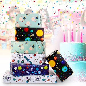 Outer Space Wrapping Paper Birthday Wrapping Paper for Boys Girls Kids Childrens Men Women - Gift Wrapping Paper Set with Blue White Navy Bulk Packaging Paper Assortment for Birthday Party Holiday Decoration DIY Crafts Supplies - Galaxy Spaceship Galactic