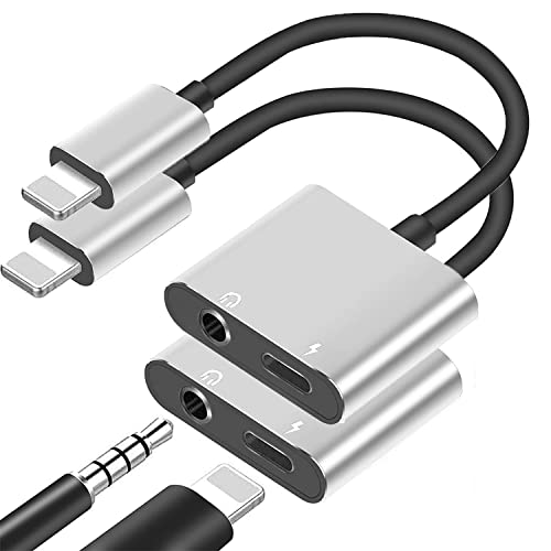 2 Pack Headphone Adapter for iPhone, [Apple MFi Certified] 2 in 1 Lightning to 3.5mm AUX Audio + Charger Splitter Adaptor Compatible with iPhone 14/13/12/11/XS/XR/X/8/7/iPad, Support All iOS System