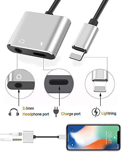 2 Pack Headphone Adapter for iPhone, [Apple MFi Certified] 2 in 1 Lightning to 3.5mm AUX Audio + Charger Splitter Adaptor Compatible with iPhone 14/13/12/11/XS/XR/X/8/7/iPad, Support All iOS System