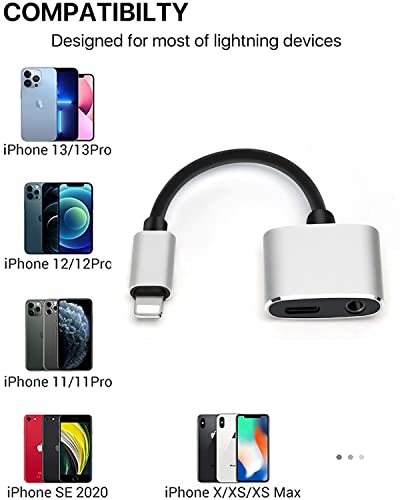 2 Pack Headphone Adapter for iPhone, [Apple MFi Certified] 2 in 1 Lightning to 3.5mm AUX Audio + Charger Splitter Adaptor Compatible with iPhone 14/13/12/11/XS/XR/X/8/7/iPad, Support All iOS System