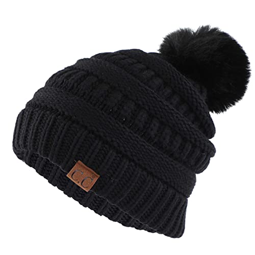 C.C Hatsandscarf Women's Snuggly Soft Yarn Beanie with Soft Faux Color Fur (HAT-7002) Black