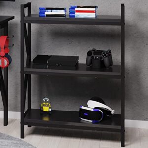 3 Shelf Bookcase - Console Table or Storage Shelf with Carbon Fiber Texture Finish and K Shaped Legs by Lavish Home (Black)