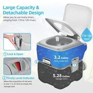 YITAHOME Portable Toilet Camping Porta Potty with Carry Bag and Hand Sprayer, 5.28 Gallon Leak-Proof Indoor Outdoor Toilet with Level Indicator, Handle Pump, for RV Travel, Boat and Trips