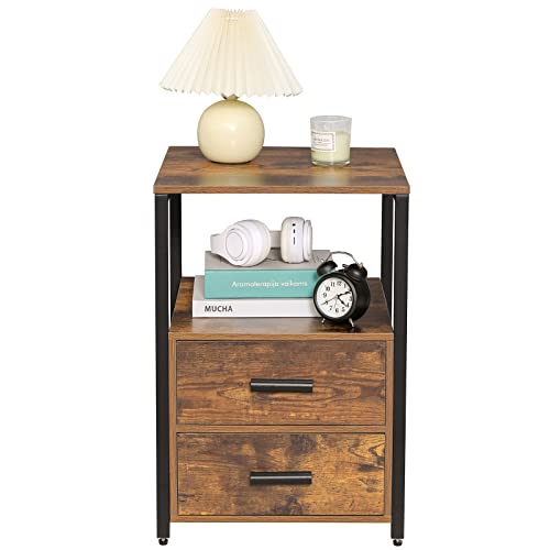 usikey Nightstand Set of 2, Industrial End Table with 2 Drawers & Open Shlef, Side Table with Sturdy Black Metal Frame, Modern Beside Table for Bedroom, Living Room, Home, Small Space, Rustic Brown