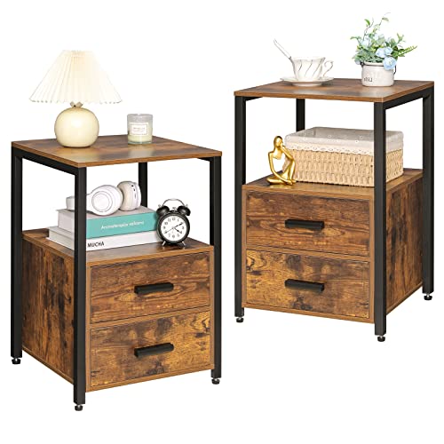 usikey Nightstand Set of 2, Industrial End Table with 2 Drawers & Open Shlef, Side Table with Sturdy Black Metal Frame, Modern Beside Table for Bedroom, Living Room, Home, Small Space, Rustic Brown