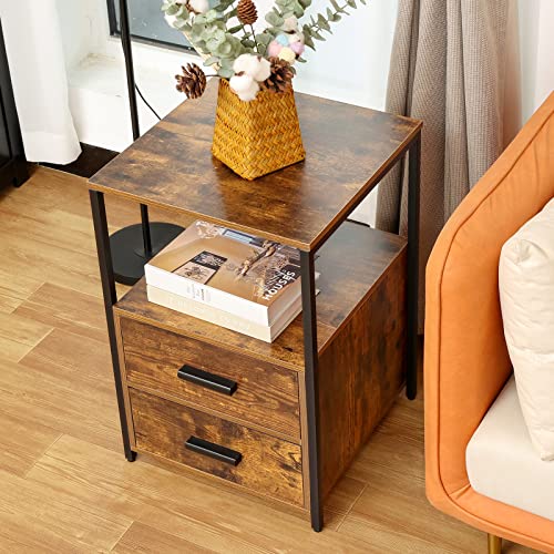 usikey Nightstand Set of 2, Industrial End Table with 2 Drawers & Open Shlef, Side Table with Sturdy Black Metal Frame, Modern Beside Table for Bedroom, Living Room, Home, Small Space, Rustic Brown