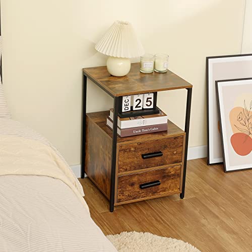 usikey Nightstand Set of 2, Industrial End Table with 2 Drawers & Open Shlef, Side Table with Sturdy Black Metal Frame, Modern Beside Table for Bedroom, Living Room, Home, Small Space, Rustic Brown