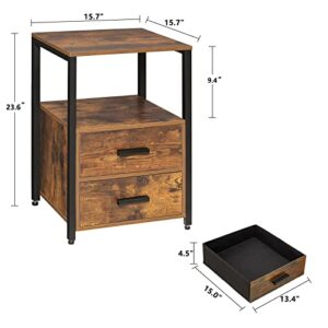 usikey Nightstand Set of 2, Industrial End Table with 2 Drawers & Open Shlef, Side Table with Sturdy Black Metal Frame, Modern Beside Table for Bedroom, Living Room, Home, Small Space, Rustic Brown