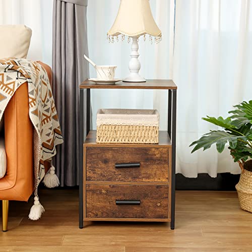 usikey Nightstand Set of 2, Industrial End Table with 2 Drawers & Open Shlef, Side Table with Sturdy Black Metal Frame, Modern Beside Table for Bedroom, Living Room, Home, Small Space, Rustic Brown