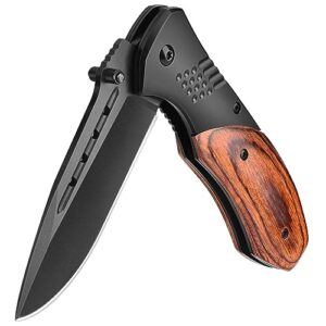 kexmo pocket knife for men - 3.46" sharp blade wood handle pocket folding knives with clip, glass breaker - edc knives for survival camping fishing hiking hunting gift women, black