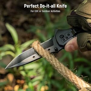 KEXMO Pocket Knife for Men - 3.46" Sharp Blade Wood Handle Pocket Folding Knives with Clip, Glass Breaker - EDC Knives for Survival Camping Fishing Hiking Hunting Gift Women, Black