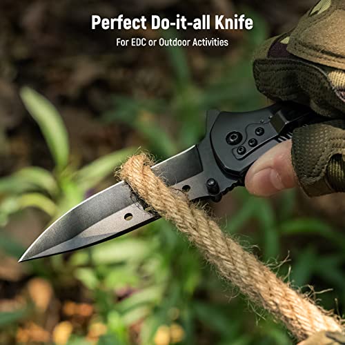 KEXMO Pocket Knife for Men - 3.46" Sharp Blade Wood Handle Pocket Folding Knives with Clip, Glass Breaker - EDC Knives for Survival Camping Fishing Hiking Hunting Gift Women, Black