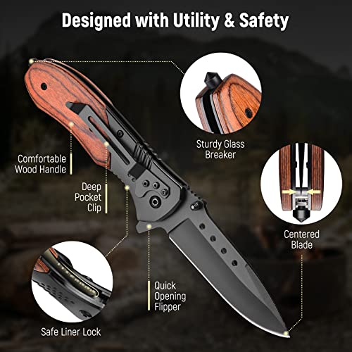 KEXMO Pocket Knife for Men - 3.46" Sharp Blade Wood Handle Pocket Folding Knives with Clip, Glass Breaker - EDC Knives for Survival Camping Fishing Hiking Hunting Gift Women, Black