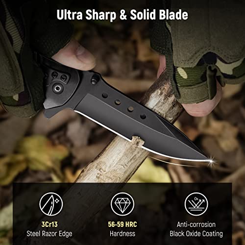 KEXMO Pocket Knife for Men - 3.46" Sharp Blade Wood Handle Pocket Folding Knives with Clip, Glass Breaker - EDC Knives for Survival Camping Fishing Hiking Hunting Gift Women, Black