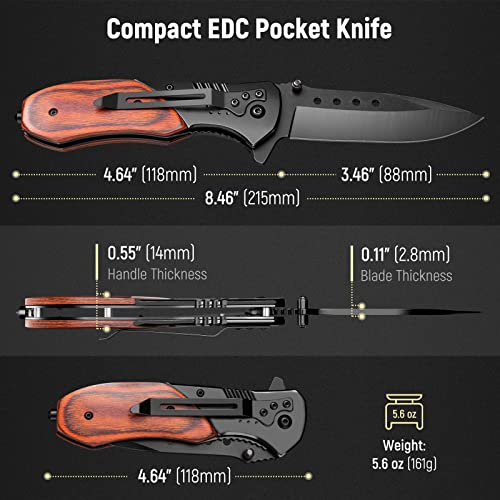 KEXMO Pocket Knife for Men - 3.46" Sharp Blade Wood Handle Pocket Folding Knives with Clip, Glass Breaker - EDC Knives for Survival Camping Fishing Hiking Hunting Gift Women, Black