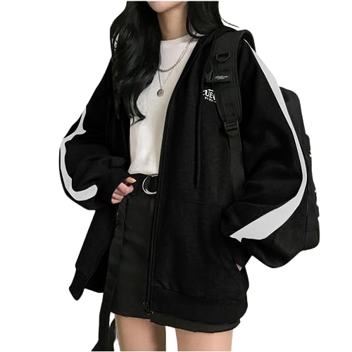 YOMXL Women's Y2K Vintage Graphic Zip Up Hoodie Oversized Casual Drawstring Hoodie E-Girl 90s Streetwear Jacket Tracksuit Black