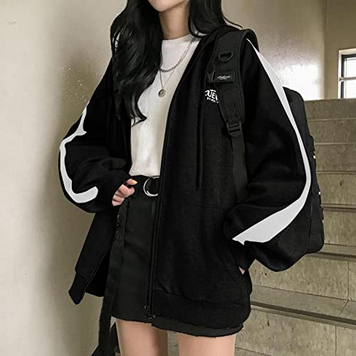 YOMXL Women's Y2K Vintage Graphic Zip Up Hoodie Oversized Casual Drawstring Hoodie E-Girl 90s Streetwear Jacket Tracksuit Black