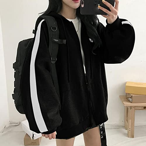 YOMXL Women's Y2K Vintage Graphic Zip Up Hoodie Oversized Casual Drawstring Hoodie E-Girl 90s Streetwear Jacket Tracksuit Black